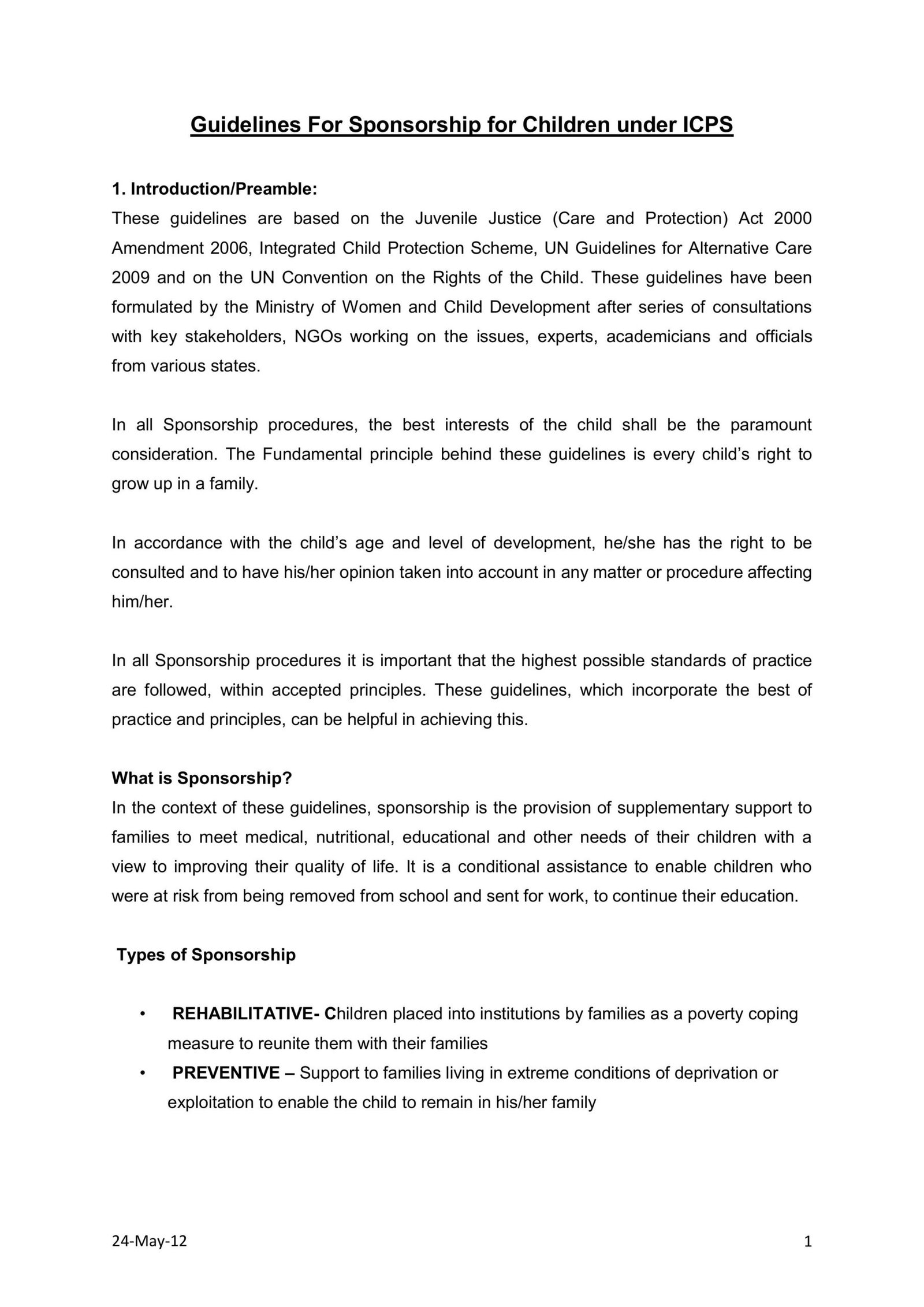 Guidelines for Sponsorship for Children under ICPS, Ministry of Women ...
