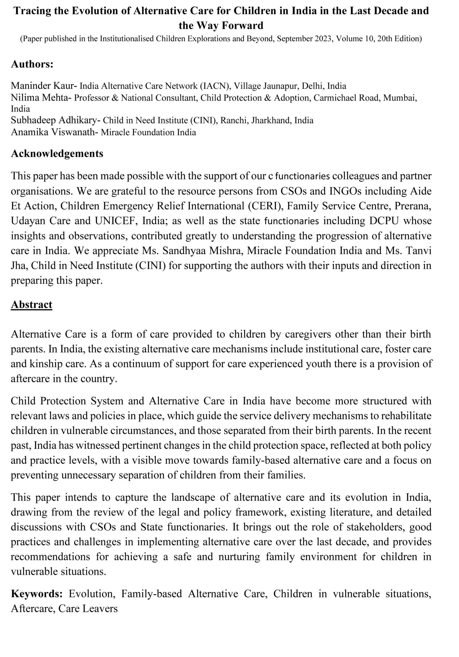 Tracing the Evolution of Alternative Care for Children in India in the ...